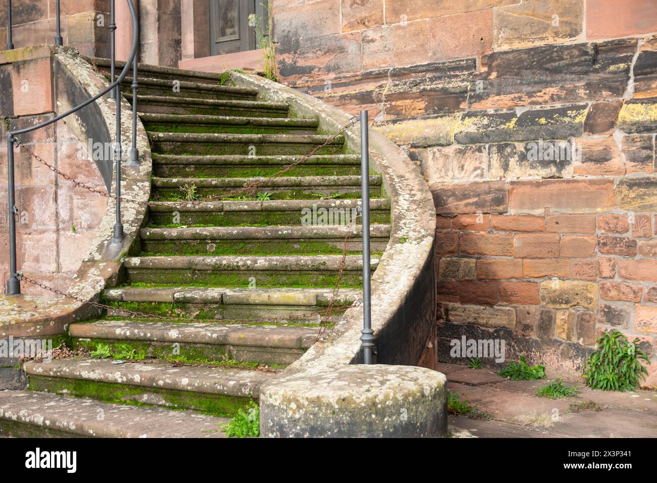 Stone old steps in ancient famous castle. Colorful fall landscape with ...