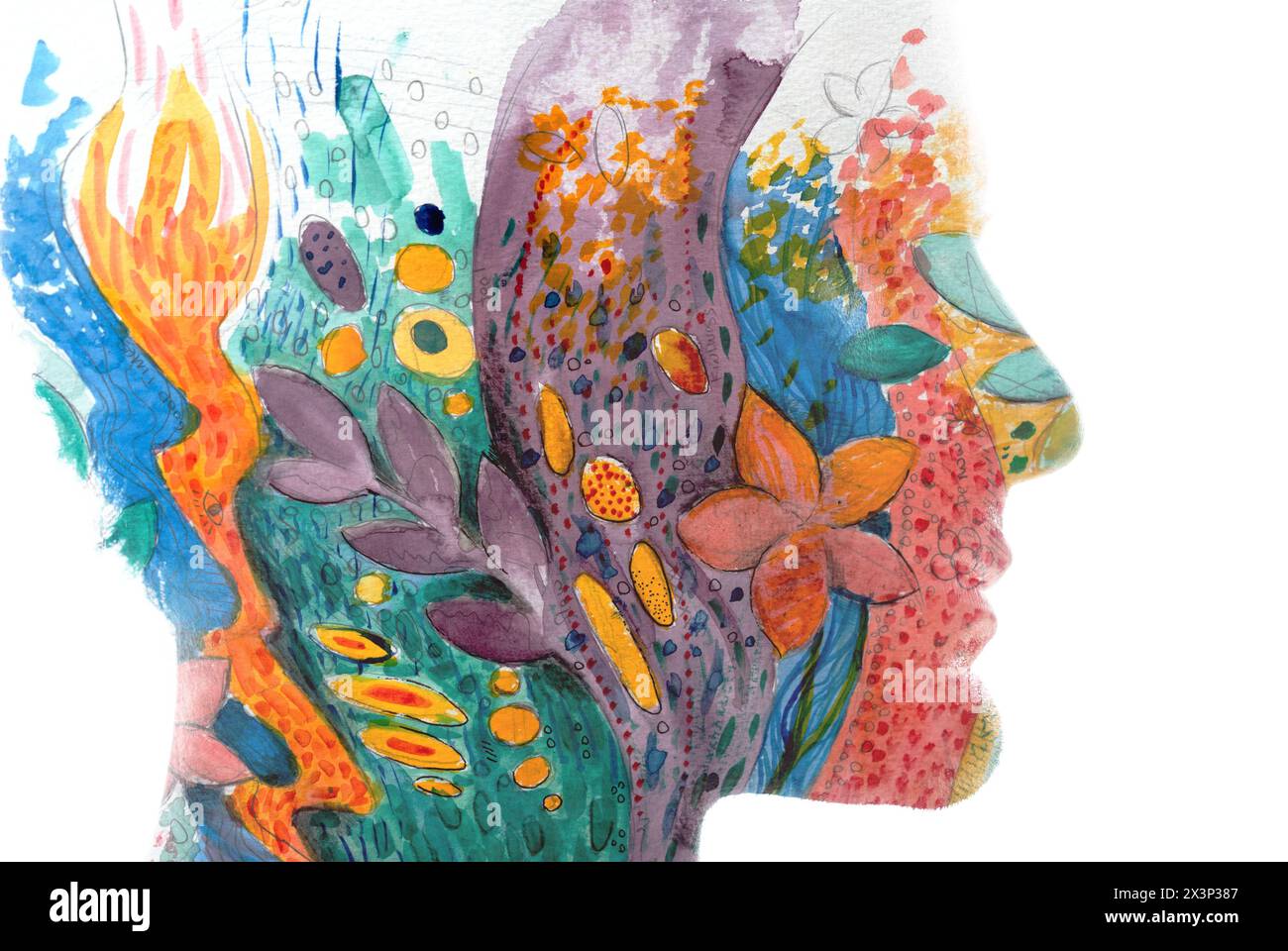 An abstract colorful painting profile silhouette of a man. A ...