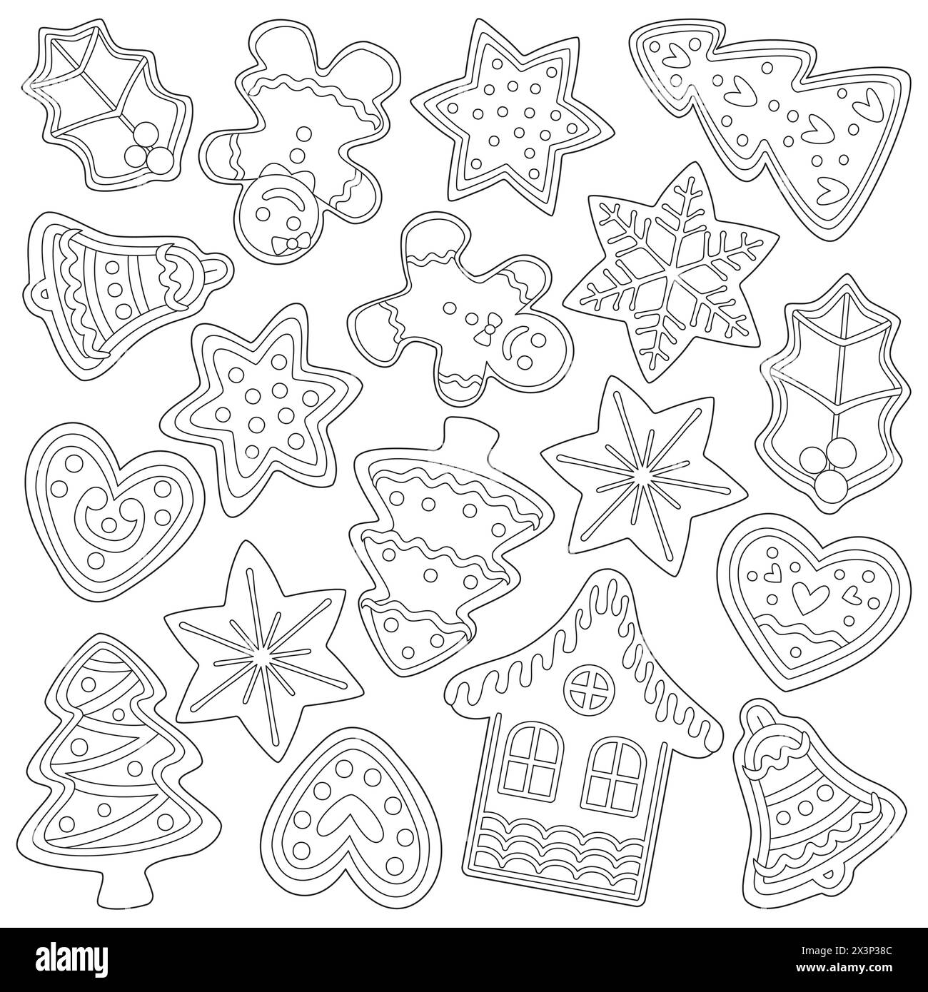 Christmas different gingerbread cookies. Fir trees and cones, stars ...