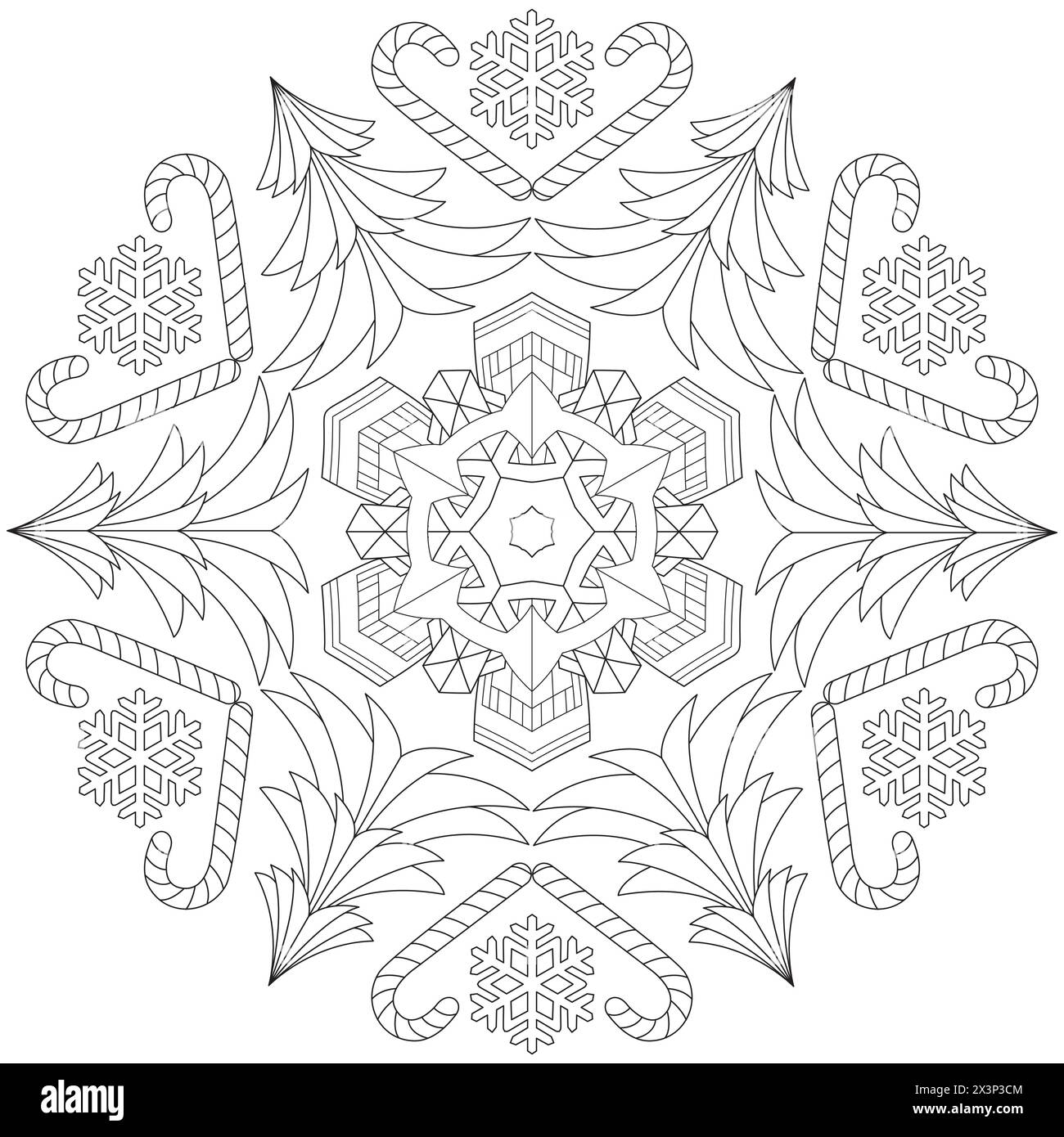 Winter mandala with snowflake, christmas tree and lollipop. Black and ...