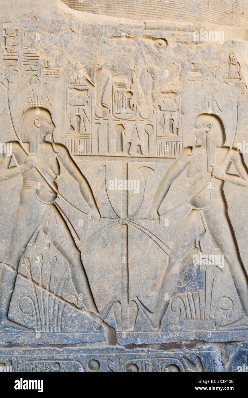 Panel with hieroglyphics showing the God Hapi, god of the Harvest, Nile ...