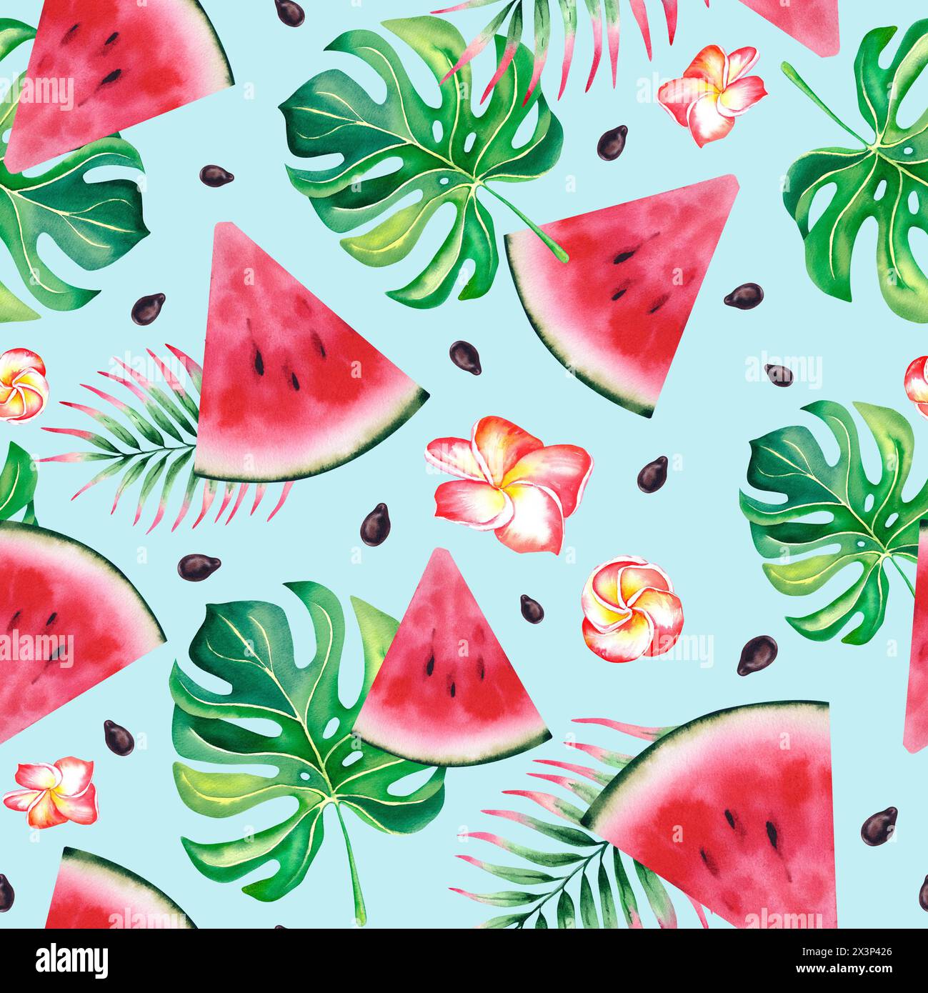 Watermelon, palm branches, monstera and plumeria flowers. Seamless ...
