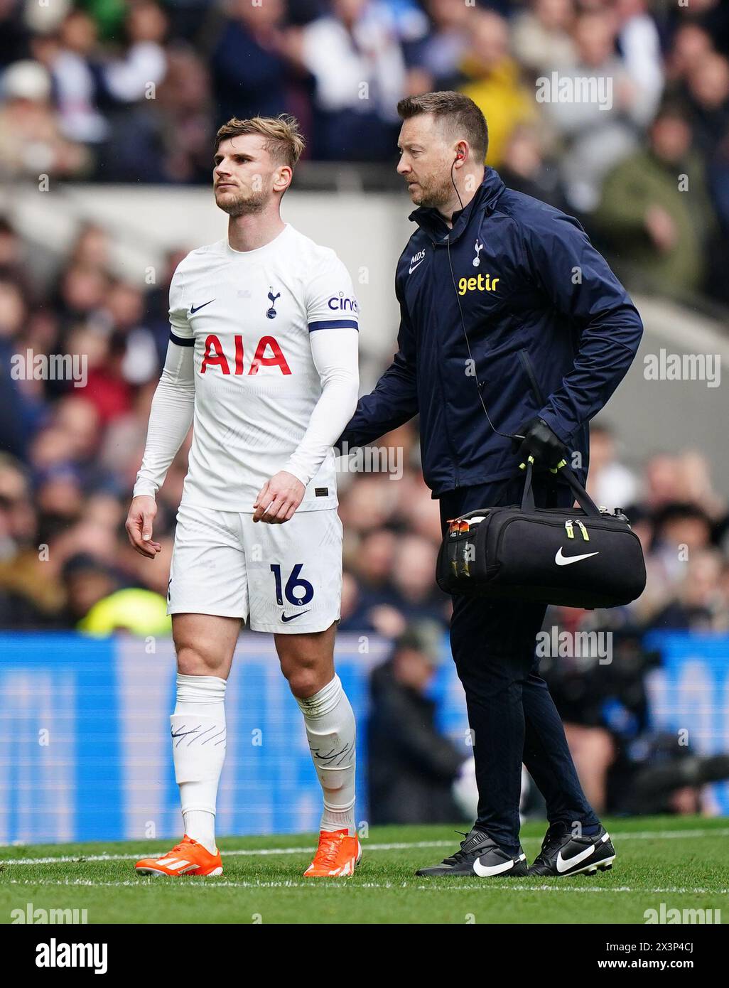 Tottenham Hotspur's Timo Werner leaves the game with an injury during ...