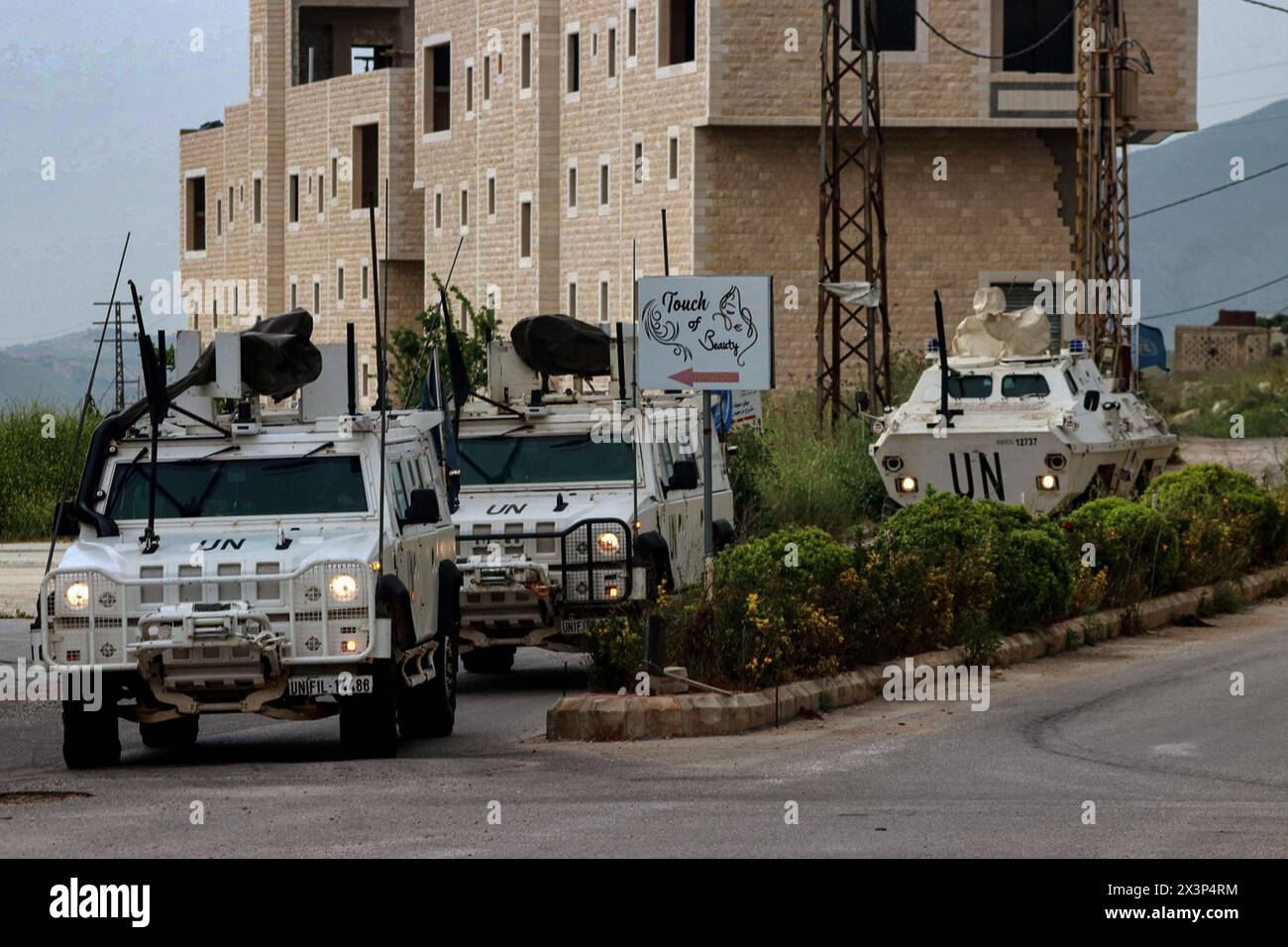 Borj El Mlouk, Lebanon. 28th Apr, 2024. Vehicles from the United ...