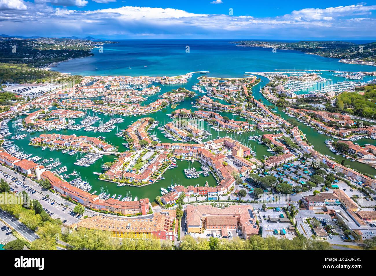 Scenic Port Grimaud yachting village marina aerial view, archipelago of ...