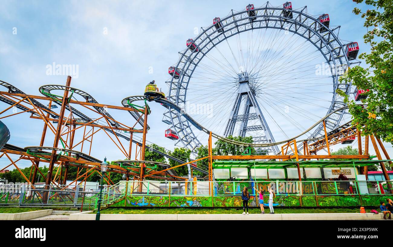 Vienna, Austria. Panoramic view of the roller coaster and Ferris wheel ...