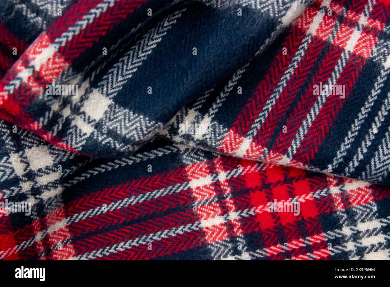 Blue, white, red cage texture fabric. Winter cashmere scarf. Textile ...