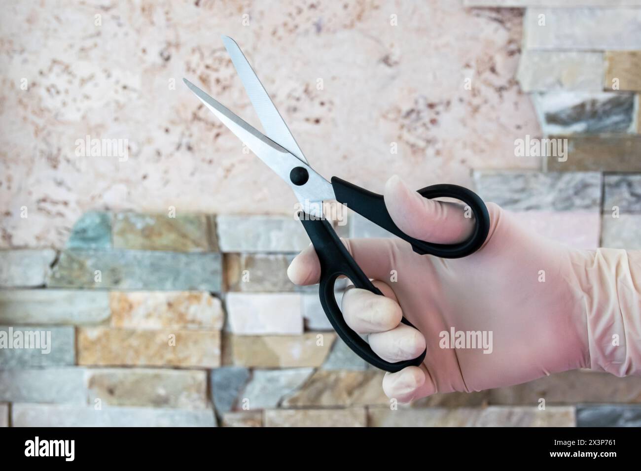 Scissors in the hand with rubber glove. Steel shears for cutting Stock ...
