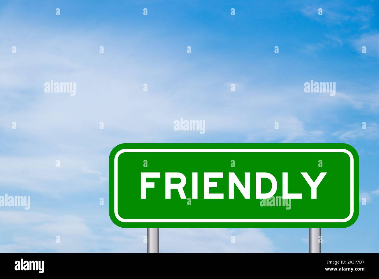 Green color transportation sign with word friendly on blue sky with ...