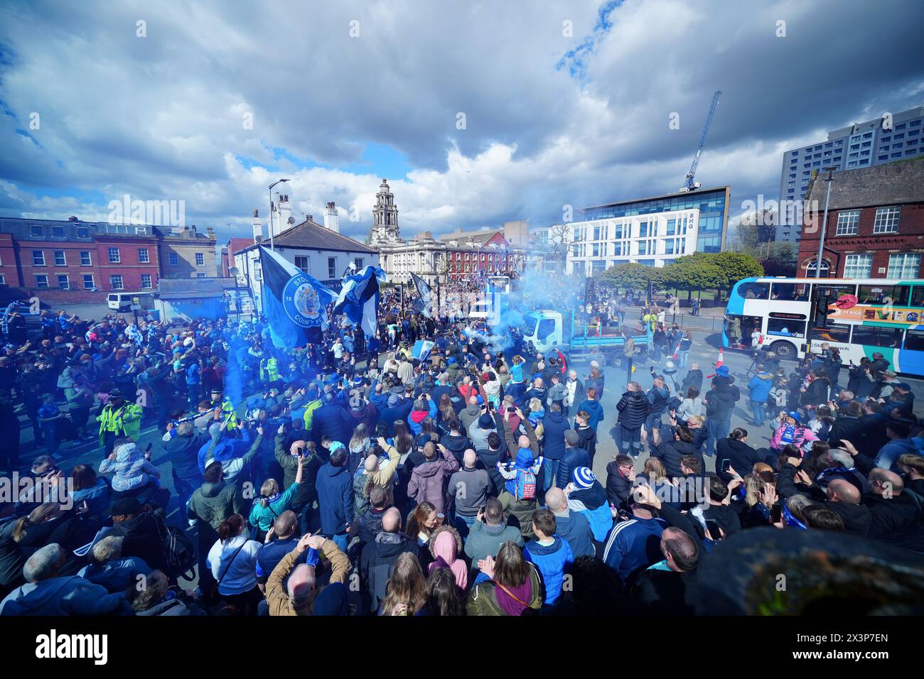 Stockport County Players and fans celebrate during an open-top bus ...