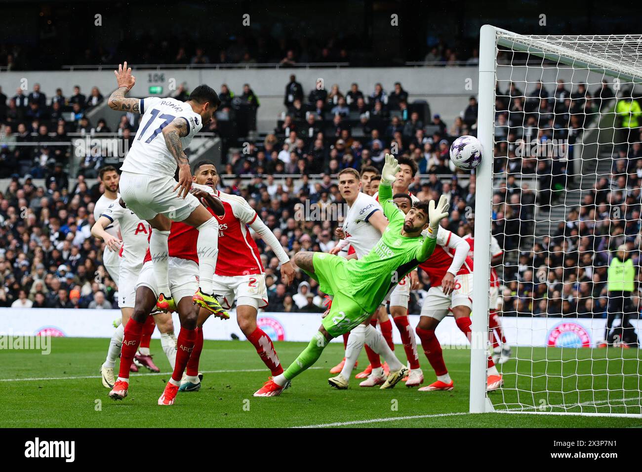 LONDON, UK - 28th Apr 2024: Cristian Romero of Tottenham Hotspur hits ...
