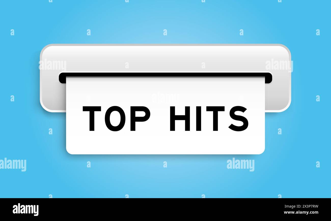 White coupon banner with word top hits from machine on blue color ...