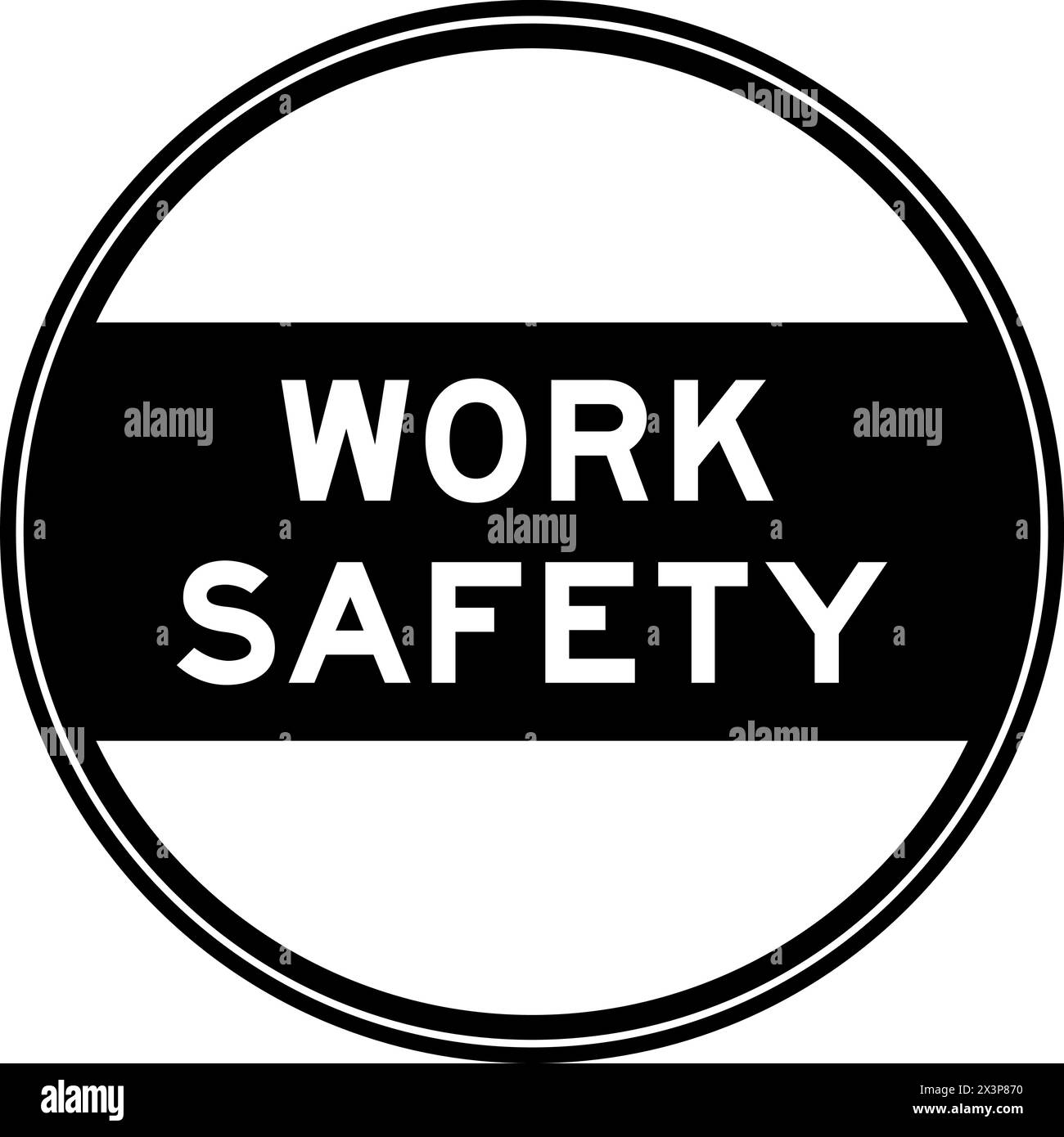 Black color round seal sticker in word work safety on white background ...