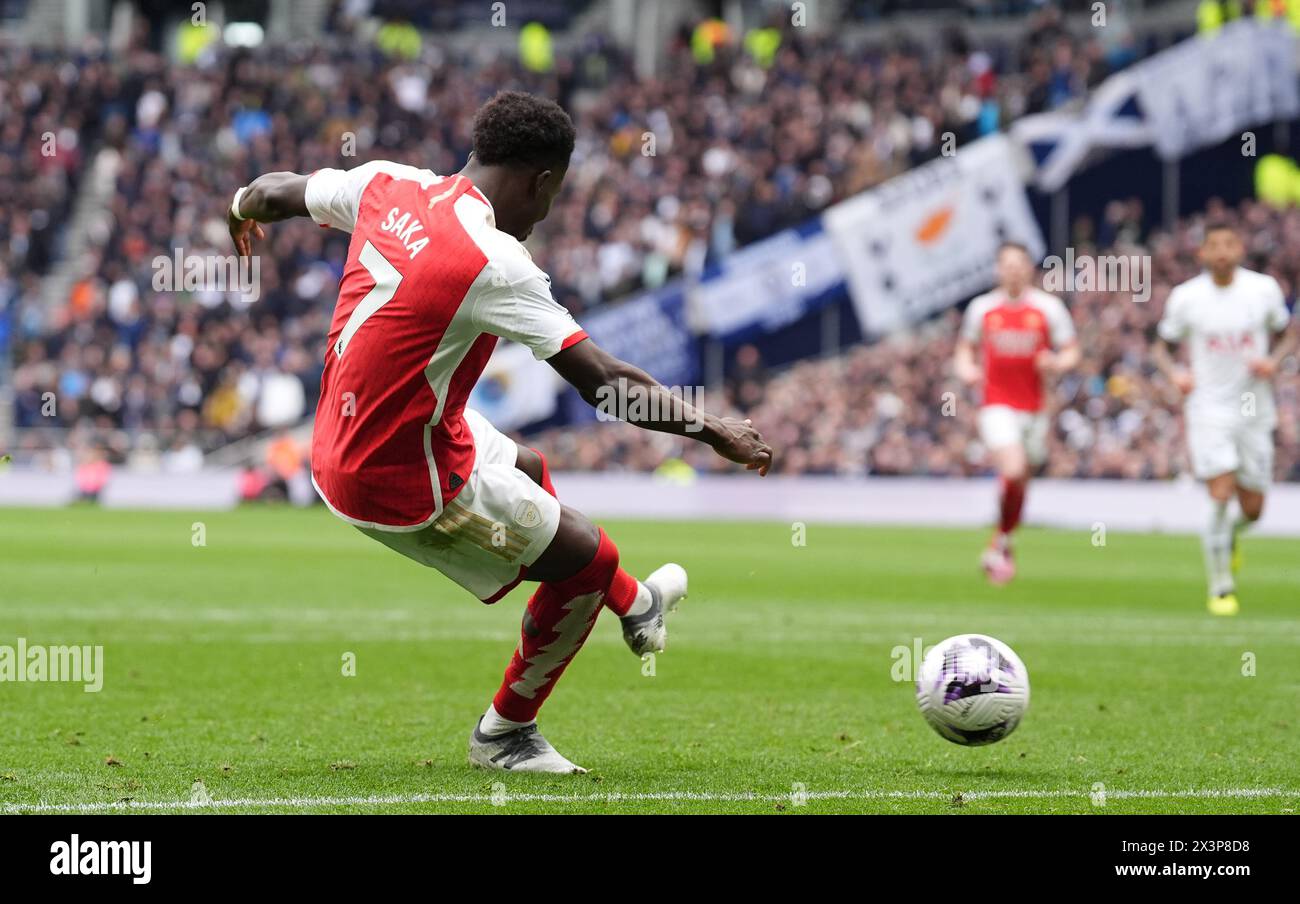 Arsenal's Bukayo Saka has a shot at goal during the Premier League ...
