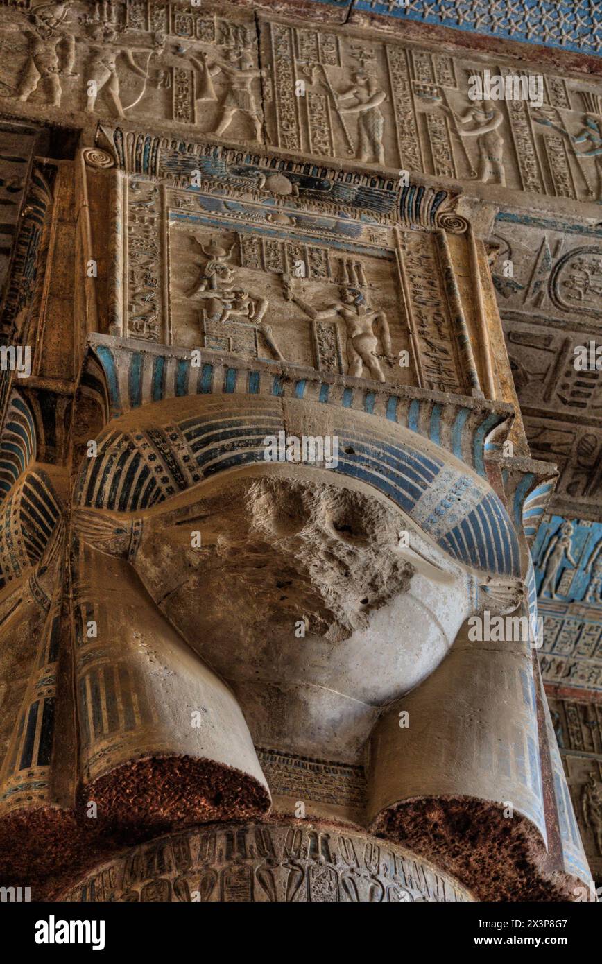 Sculptured Head of Hathor, The Great Columns, Vestibule, Dendera Temple ...