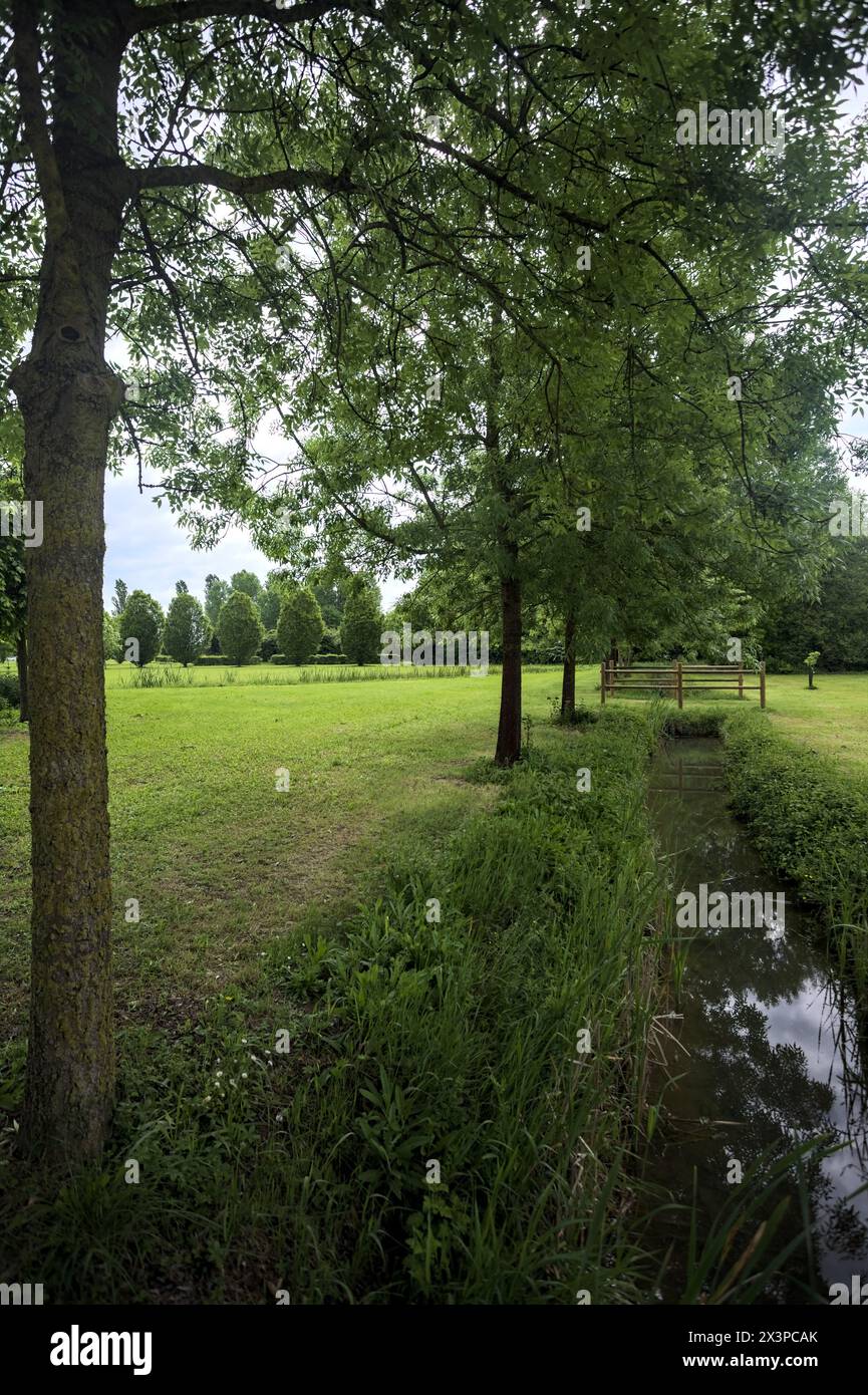 Trench with water bordered by trees between lawns in a park in the ...