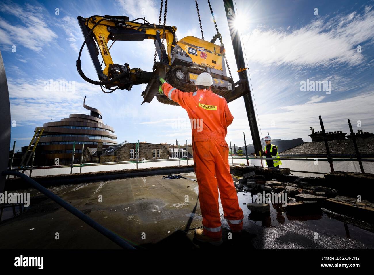 Dunard Centre, Demolition, Crane Brokk robotic Stock Photo - Alamy