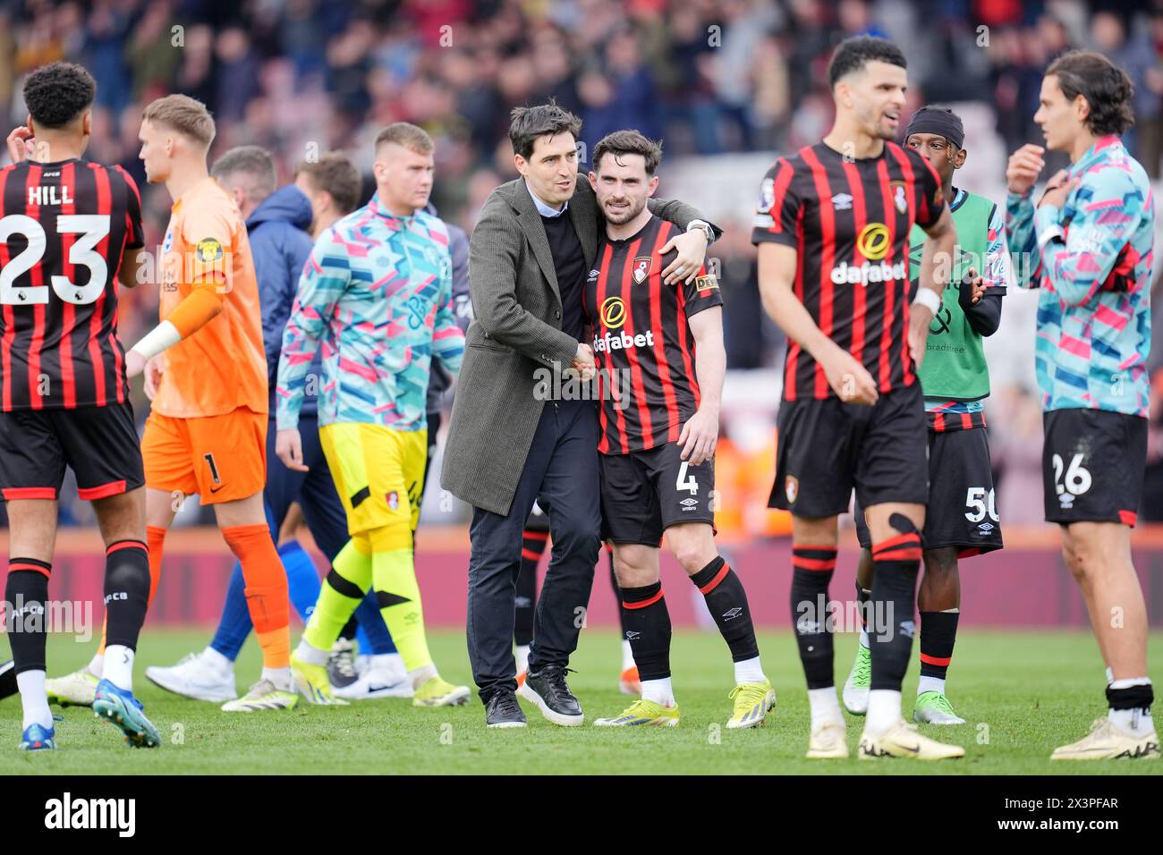 Bournemouth manager Andoni Iraola (centre) celebrates with player Lewis ...