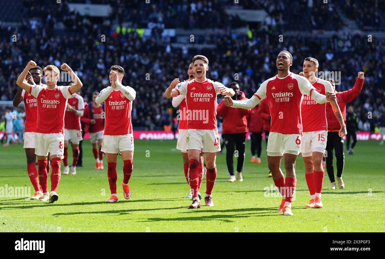 Arsenal players celebrate after the Premier League match at the ...