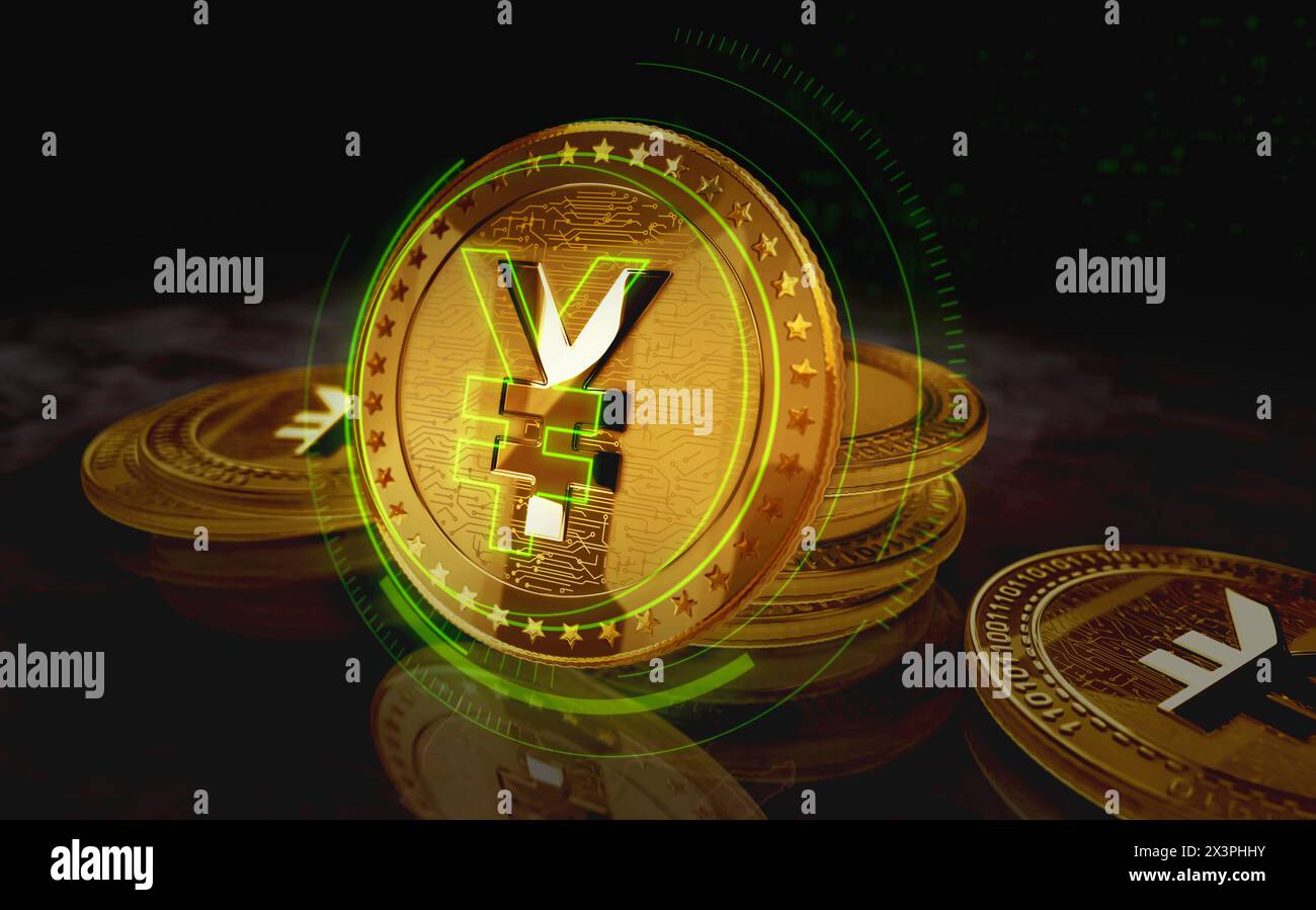 Yen Yuan cryptocurrency gold coin on green screen background. Abstract ...