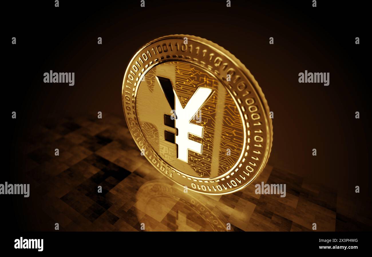 Yen Yuan cryptocurrency gold coin on green screen background. Abstract ...