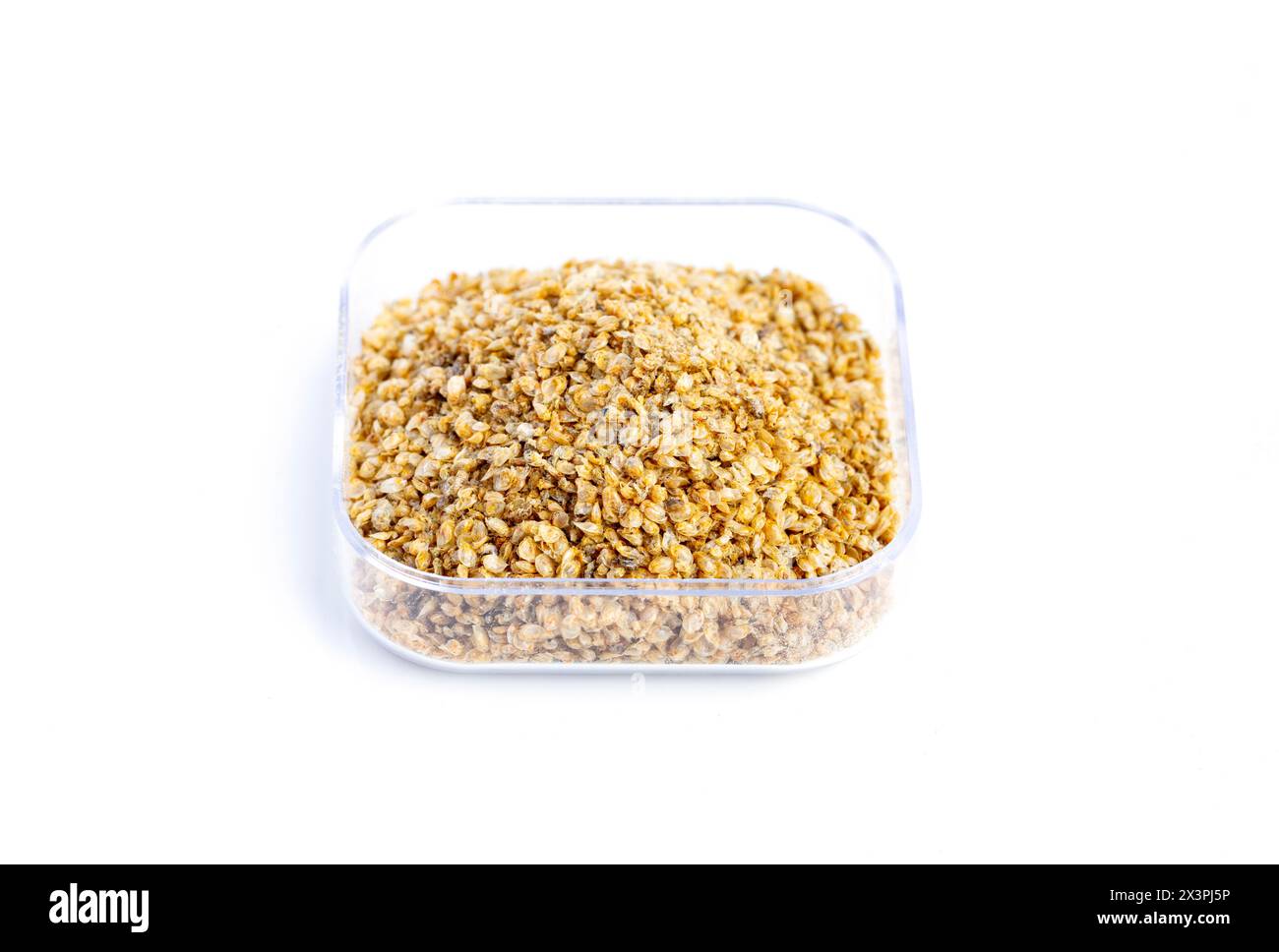 Dry food Daphnia for aquarium fish feed in a transparent box on White ...