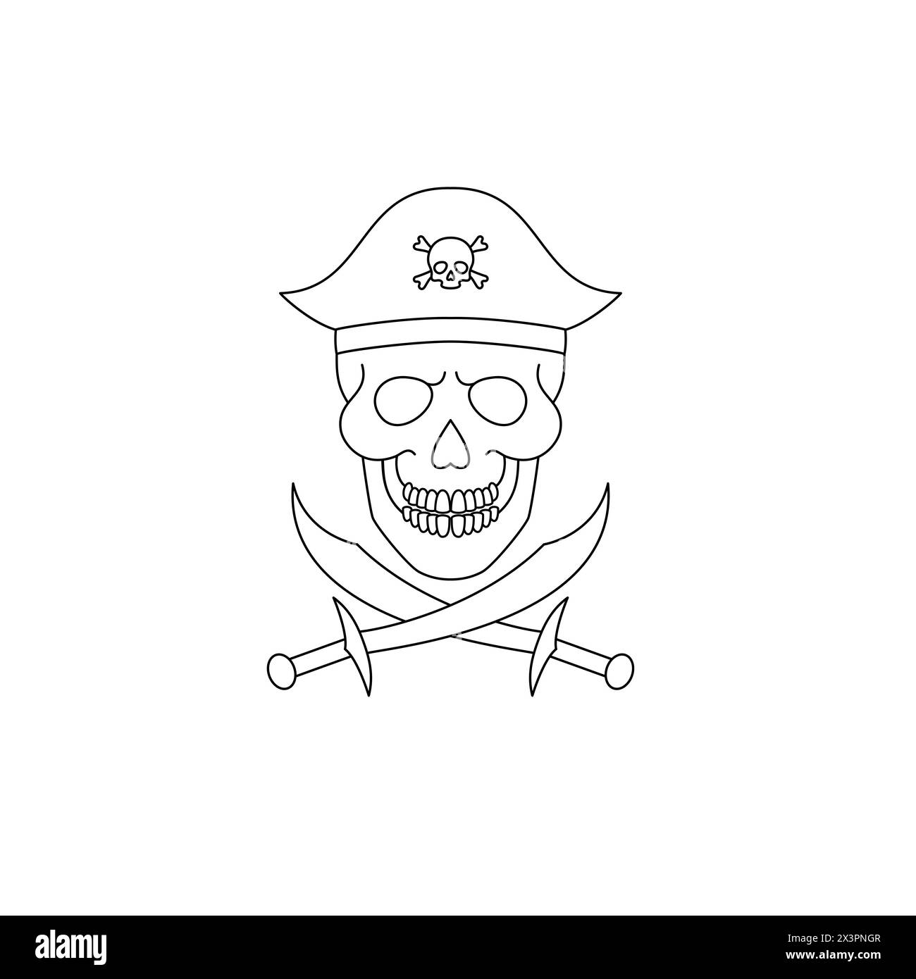 A skull wearing a pirate hat and crossed sabers. Line art style icon ...