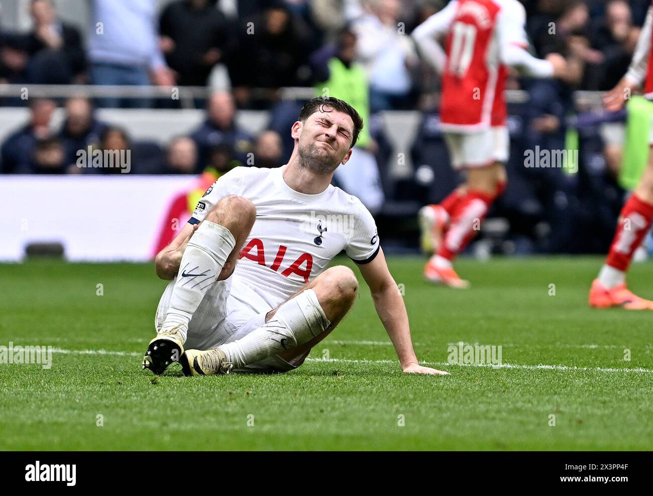 London, UK. 28th Apr, 2024. Ben Davies (Spurs) holds his leg in paun ...