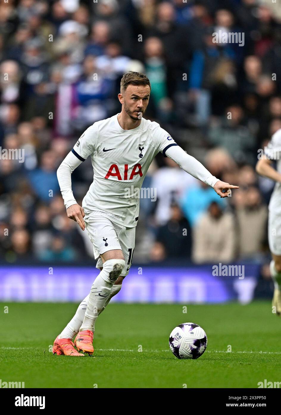 London UK 28th April 2024. James Maddison (Spurs) points during the ...