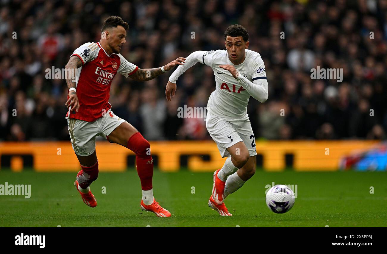 London, UK. 28th Apr, 2024. Brennan Johnson (Spurs) goes past Ben White ...