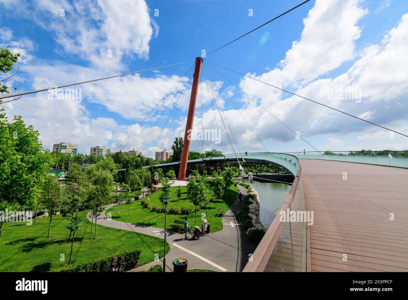 Landscape with the modern metallic, wooden and glass bridge in Drumul ...