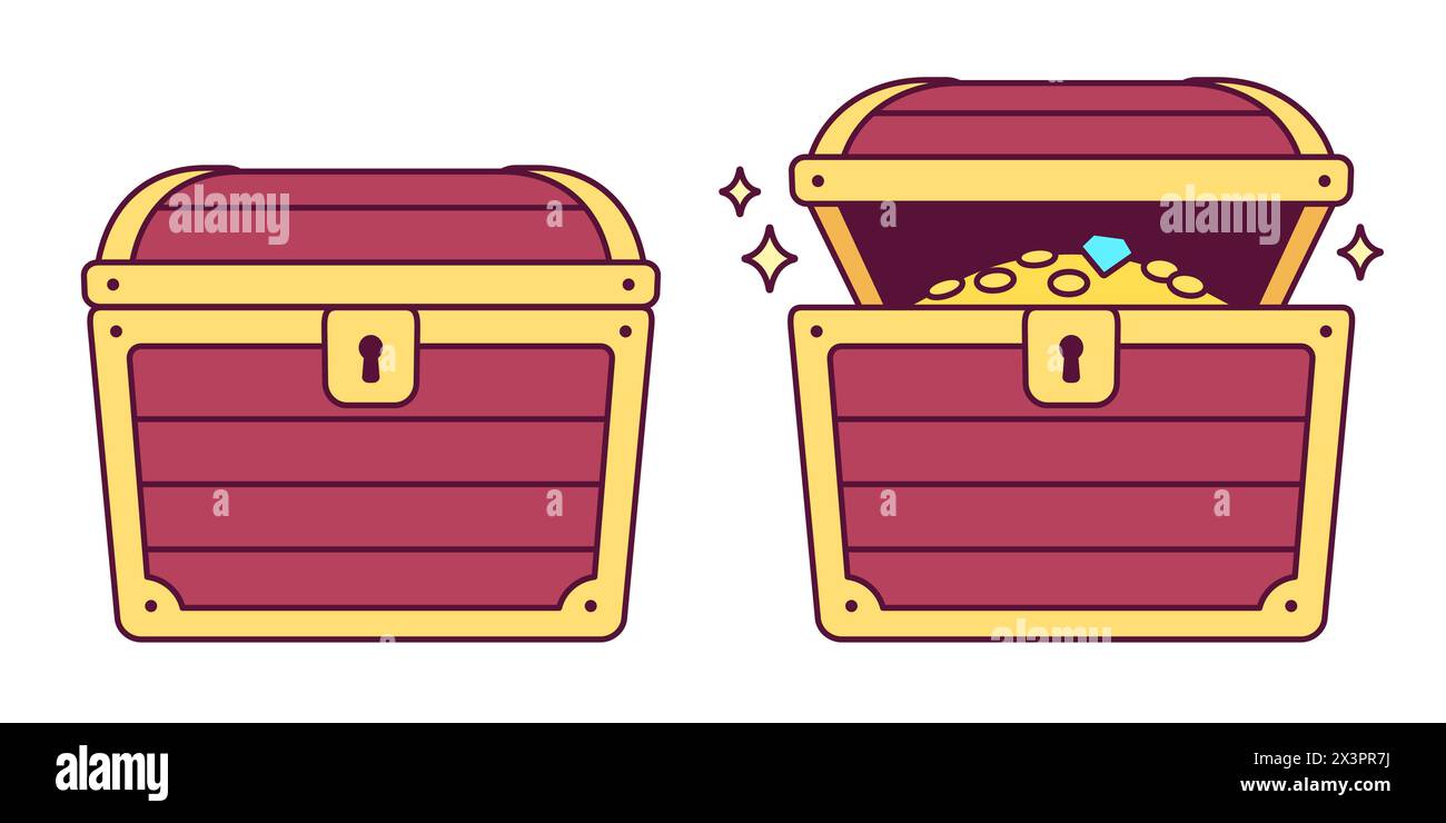 Cartoon treasure chest set, open and closed. Pirate gold isolated ...