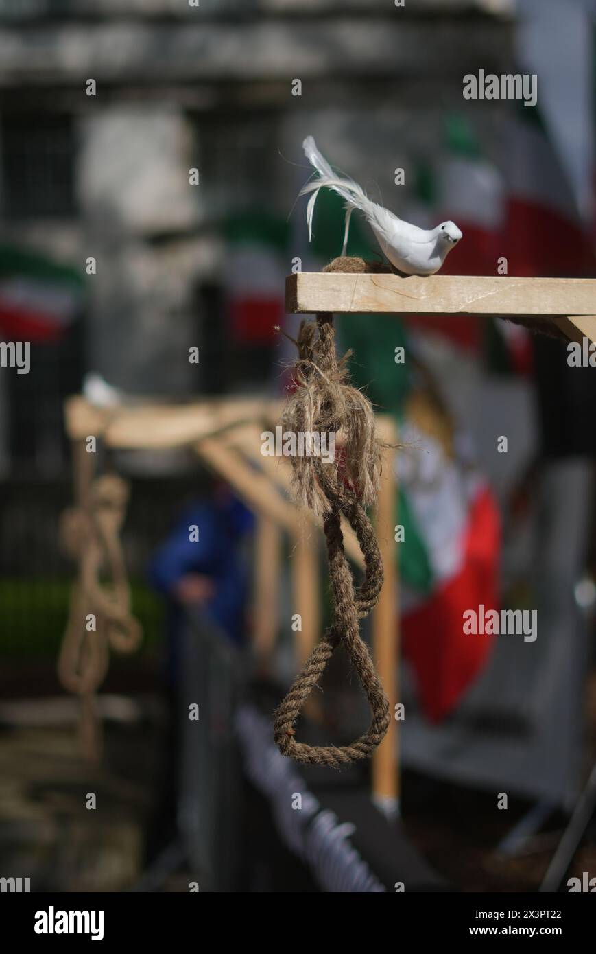 Mock gallows erected during a protest opposite Downing Street, in ...