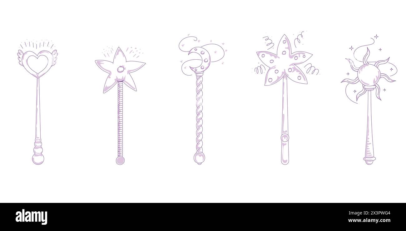 Magic wands doodle set. Fairytale element in sketch style. Hand drawn ...