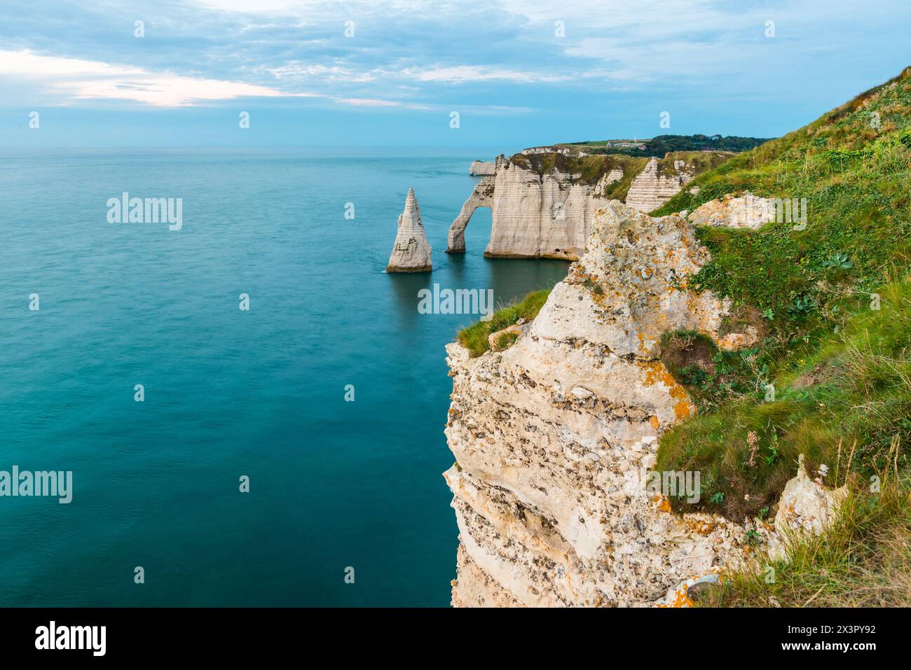 White chalk cliffs and natural arches of Etretat, Normandy, France ...