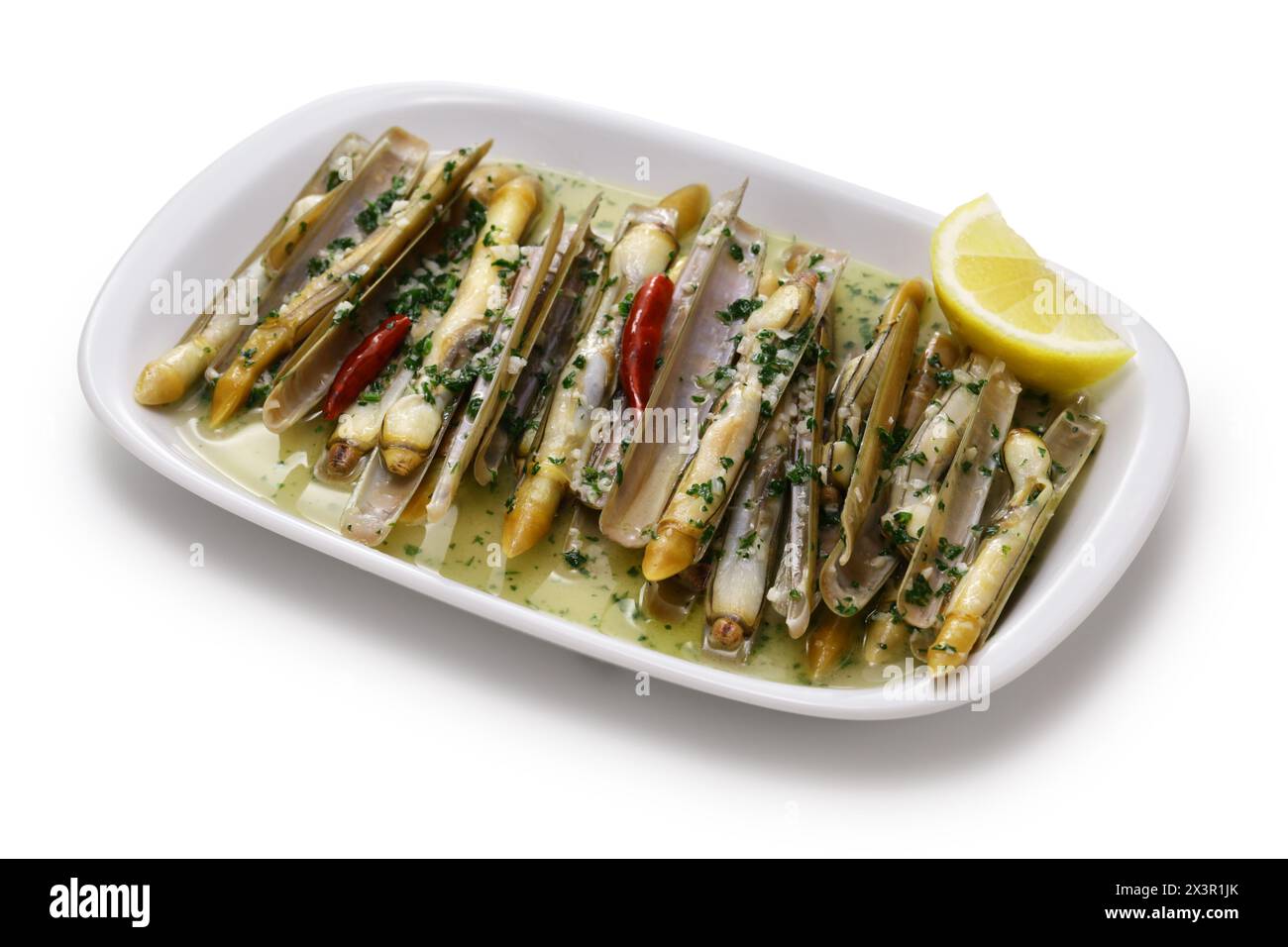 steamed razor clams in wine isolated on white background Stock Photo ...