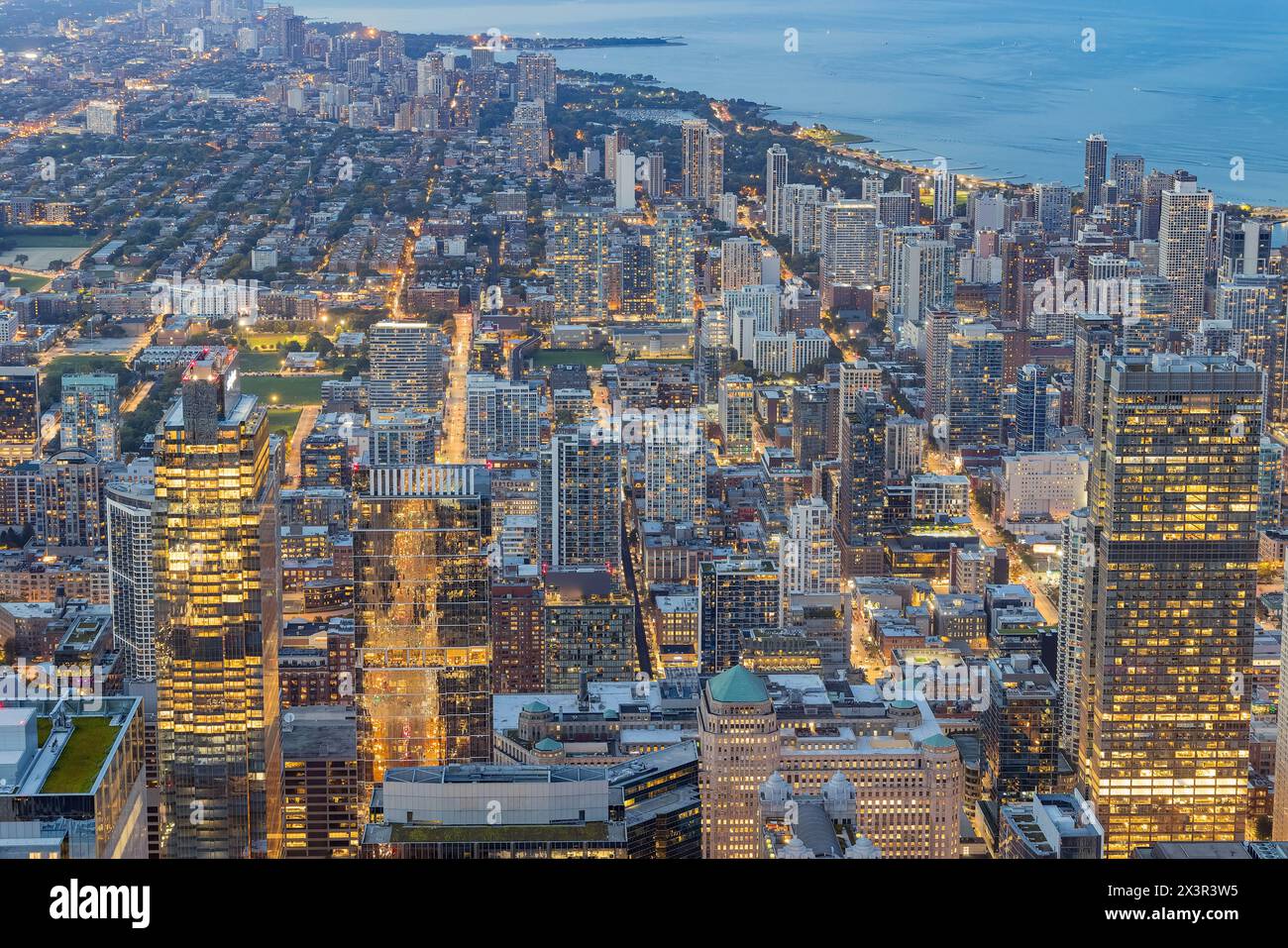 Sunset aerial view of the downtown landscape from the Willis Tower at ...