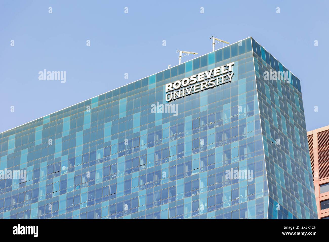 Chicago, OCT 3 2023 - Sunny exterior view of the building of Roosevelt ...