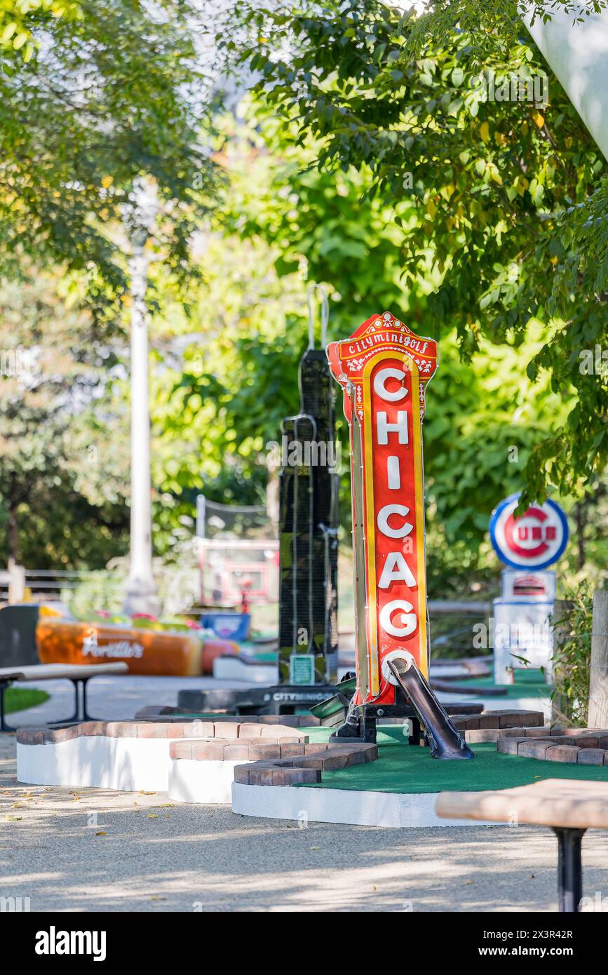 Chicago, OCT 3 2023 - Sunny view of the mini golf at Millennium Park ...