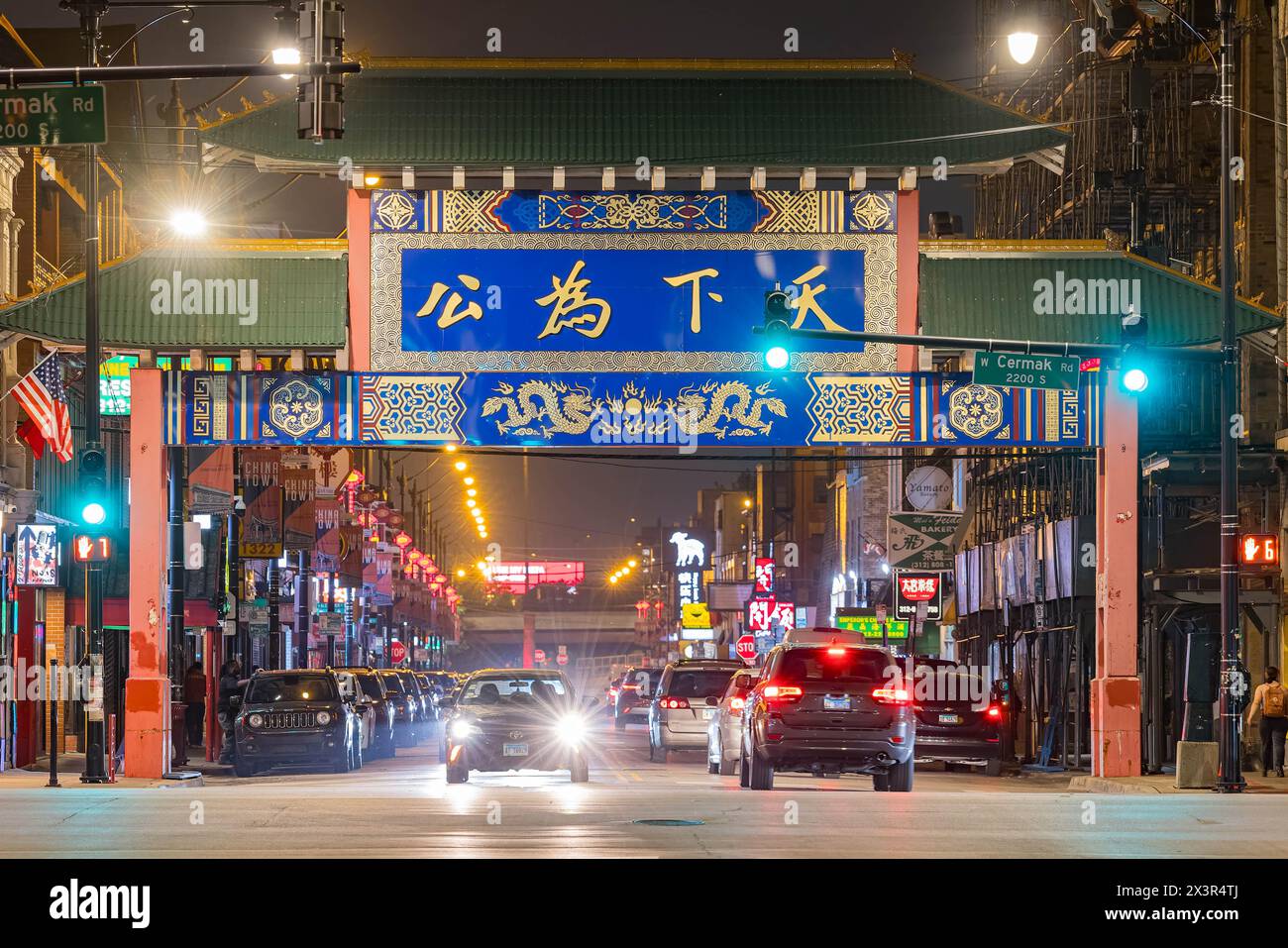 Chicago, OCT 4 2023 - Night view of the cityscape around Chinatown ...