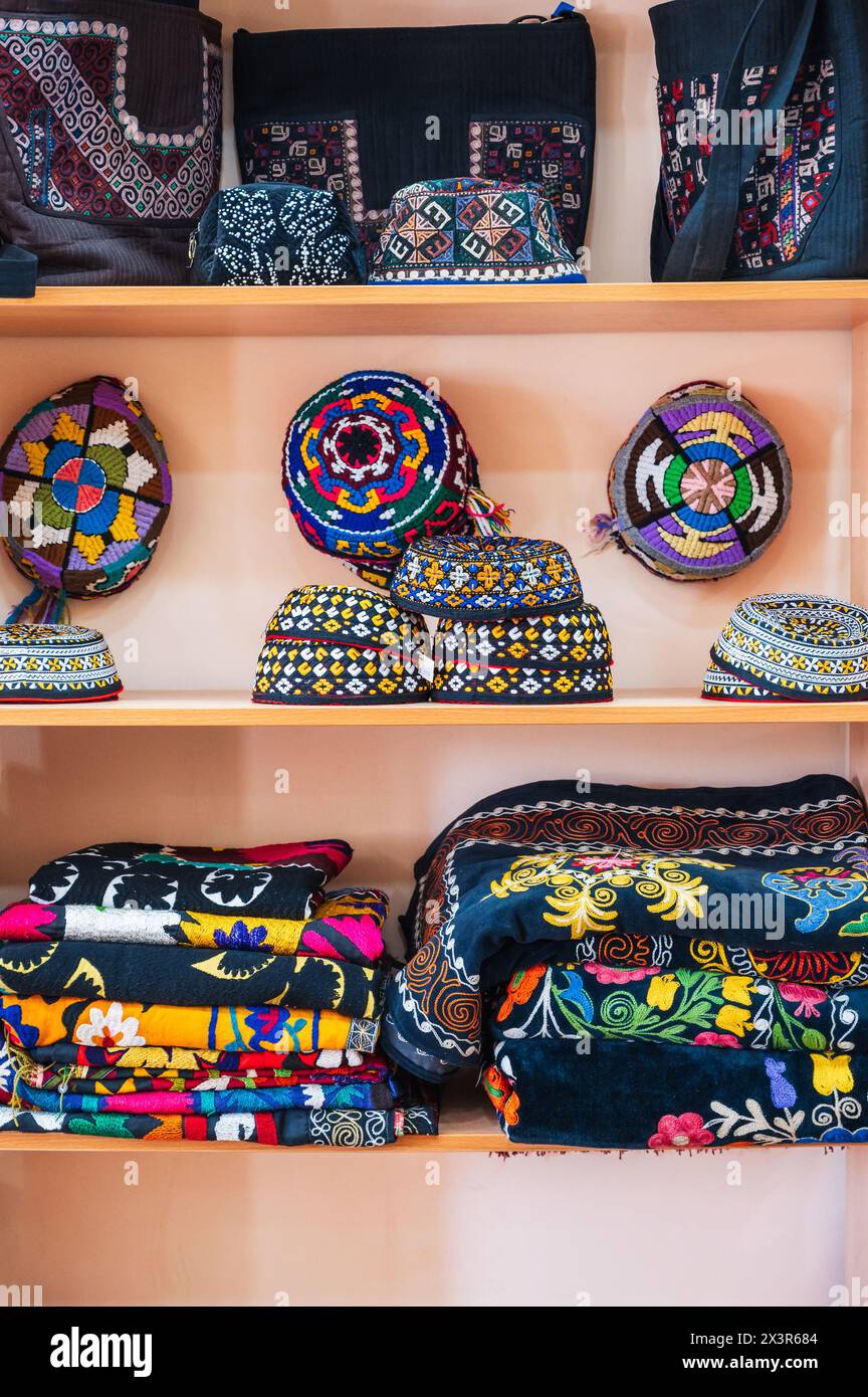 cloth bags, fabrics and skullcaps with a traditional bright colorful ...