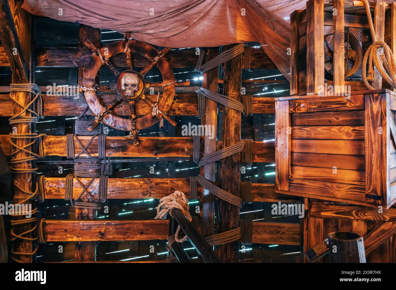 interior of captain cabin on an ancient medieval pirate ship with a ...
