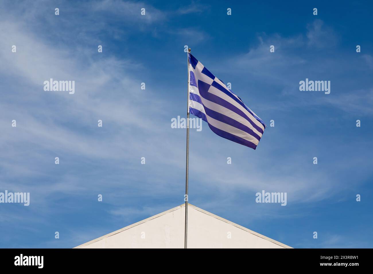 Greek flag above the Archaeological Museum of Olympia, Olympia, Greece ...