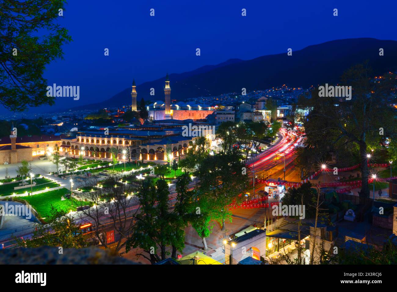 Bursa Ulu mosque and its surroundings at night with long exposure from ...