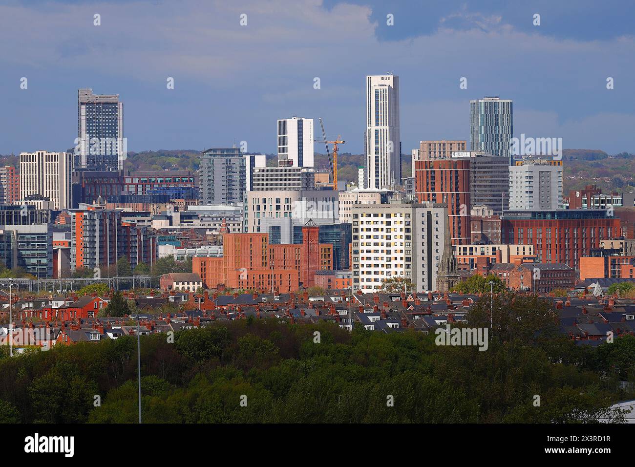 A distant view of the skyline of Leeds City Centre,West Yorkshire,UK ...