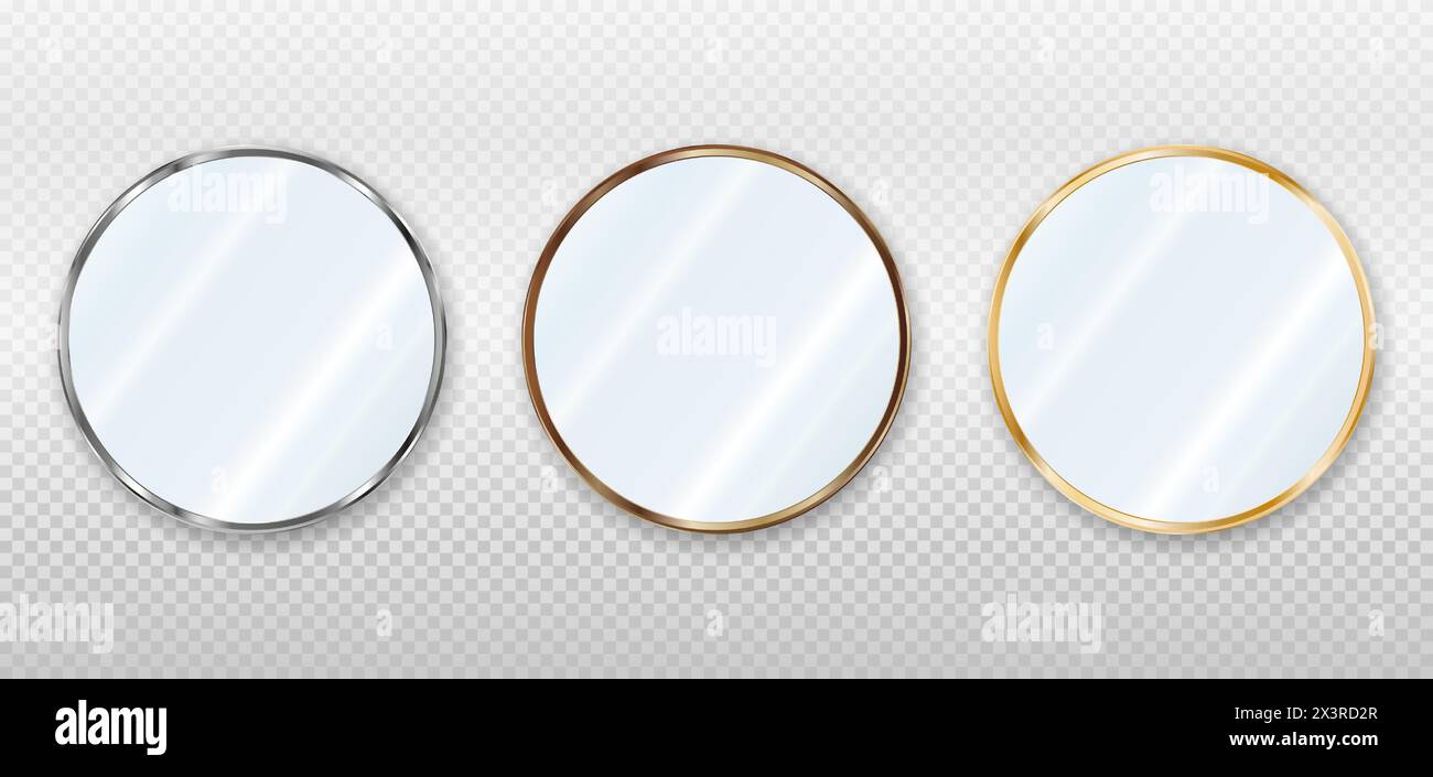 Realistic round mirrors in metal, bronze and gold frames. Reflective ...