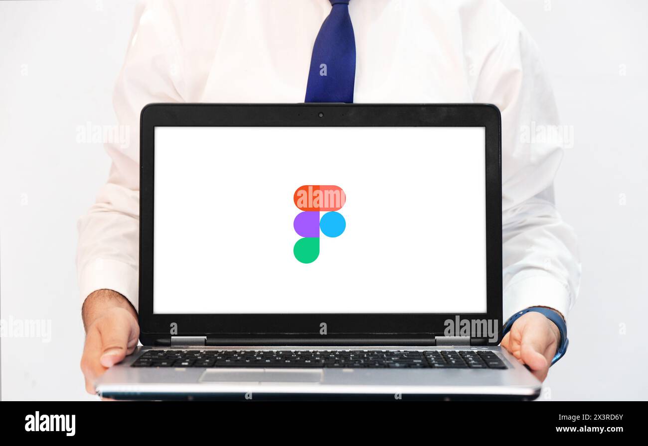 Figma for designing user interface on computer, editorial background with person showing on ...