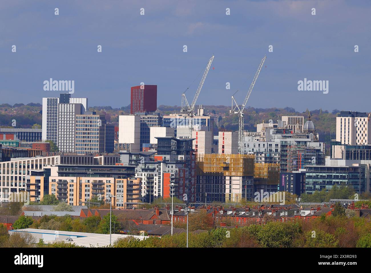 A distant view of the skyline of Leeds City Centre,West Yorkshire,UK ...