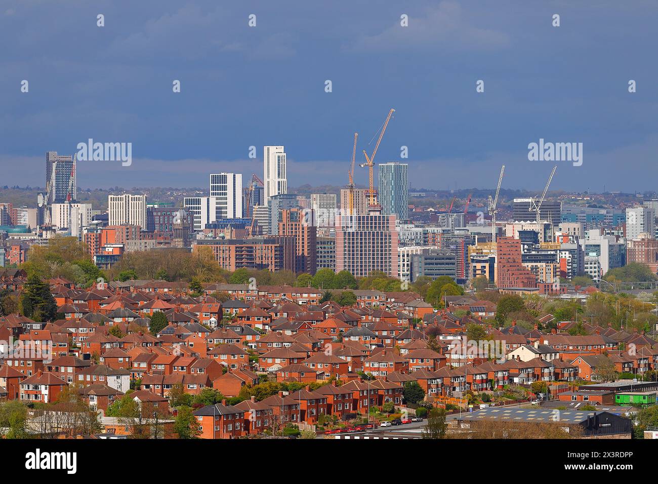 A distant view of the skyline of Leeds City Centre,West Yorkshire,UK ...