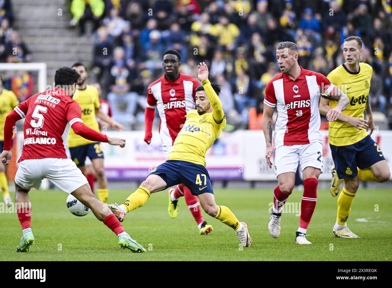Antwerp's Owen Wijndal, Union's Mohamed Amoura and Antwerp's Toby Alderweireld pictured in ...